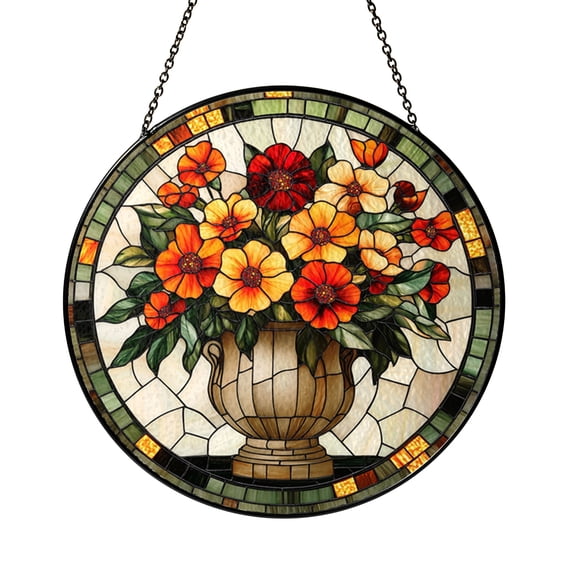 Blooming Garden Floral Scene Glass Suncatcher Round Window Hanging ...