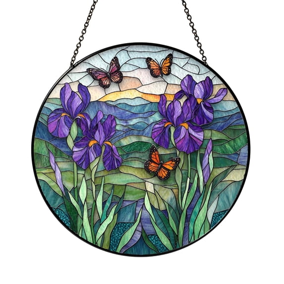 Blooming Iris Stained Glass Suncatcher, Botanical Butterfly Window ...