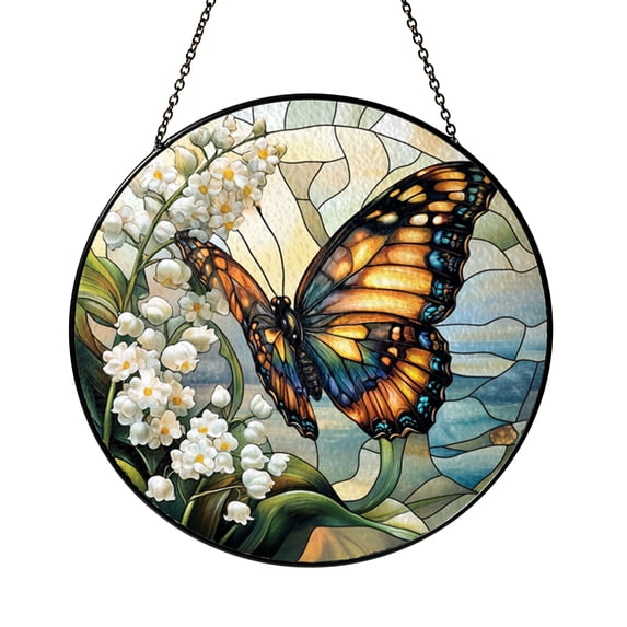 Blooming Lily and Butterfly Stained Glass Decorative Suncatcher, Floral ...