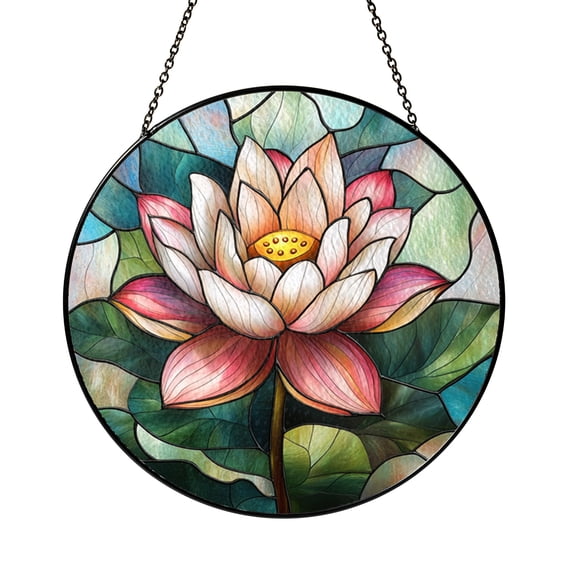 Blooming Lotus Flower Meditation Scene Stained Glass Style Round Window ...