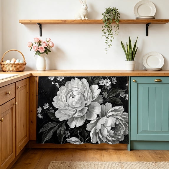 Blooming Peony Cabinet Curtains 10" W x 11" L, Floral Black White Plant ...