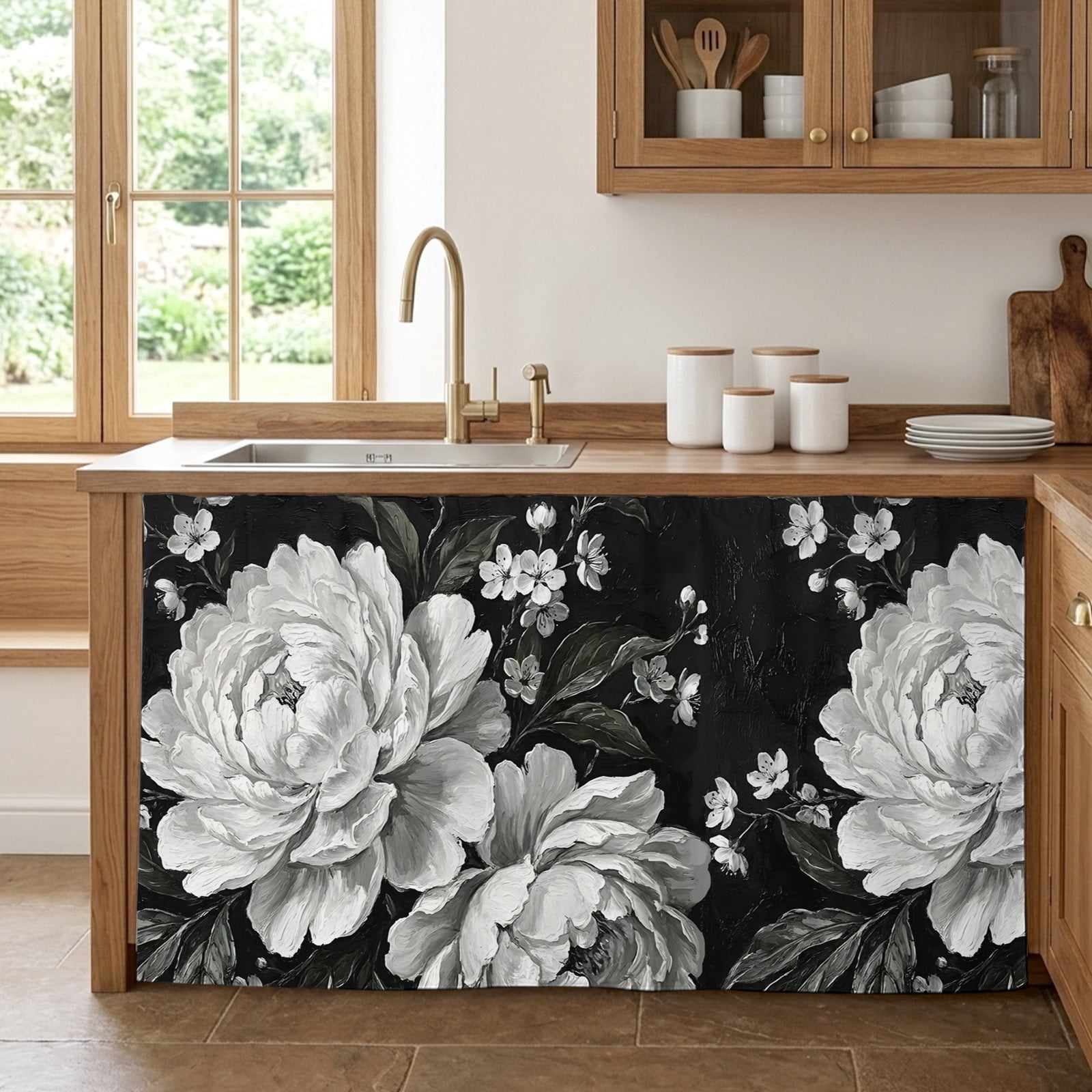 Blooming Peony Cabinet Curtains 32" W x 55" L, Floral Black White Plant ...