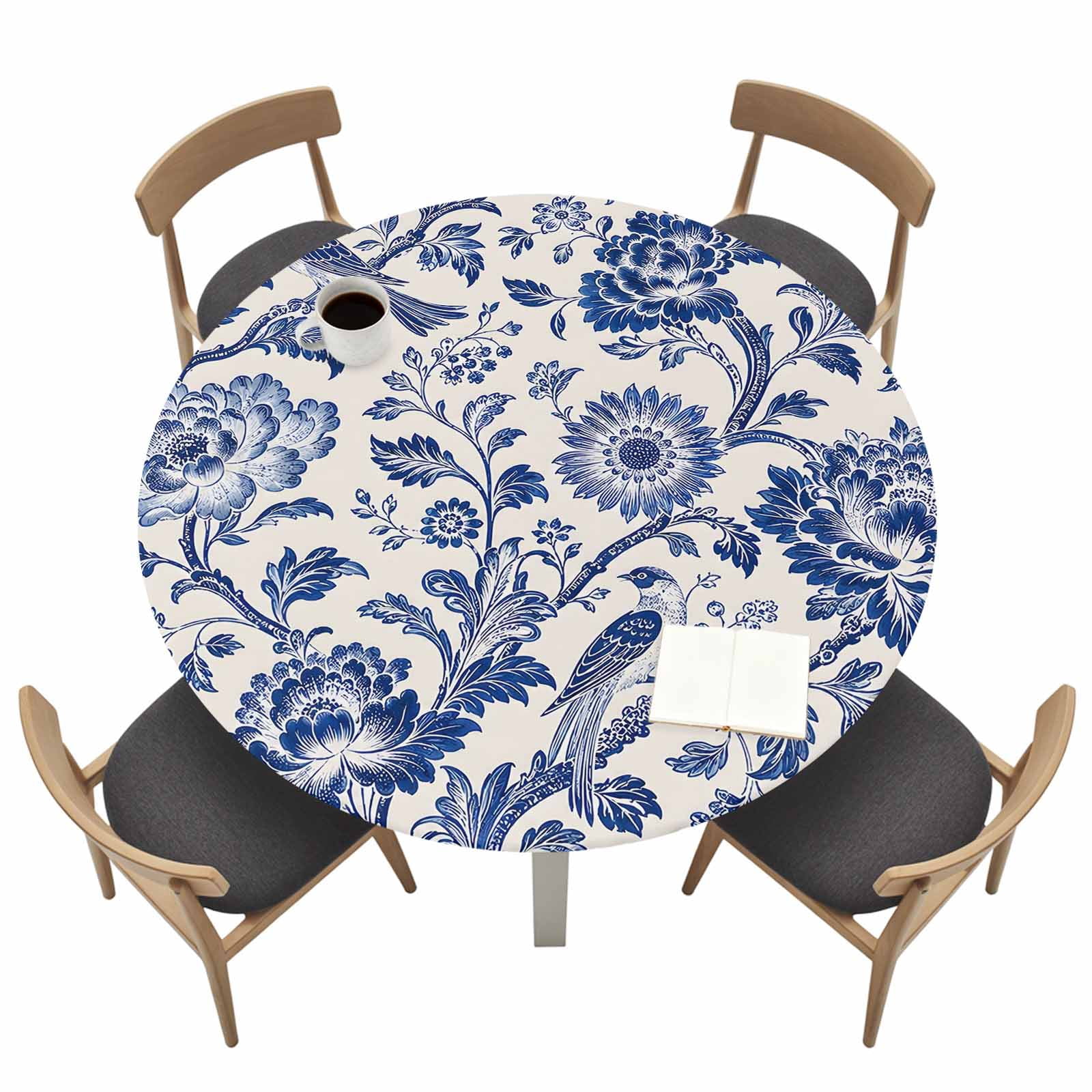 Blooming Peony Round Fitted Table Cover Rustic Vintage Blue Perching ...