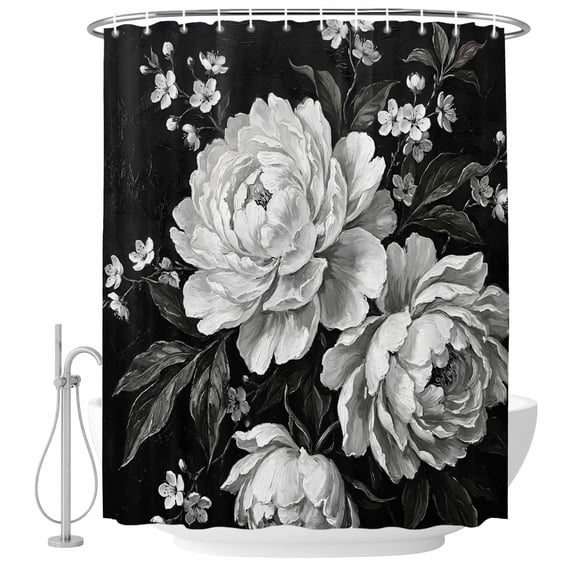 Blooming Peony Shower Curtain Set with Hooks, Floral Black White Plant ...