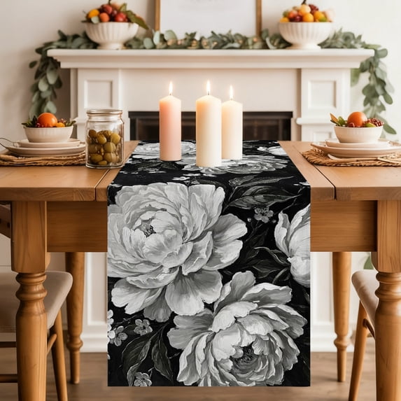 Blooming Peony Table Runner 13x72 Inch Floral Black White Plant Cotton ...