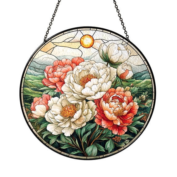 Blooming Peony at Sunset Mountain Scene Stained Glass Style Window ...