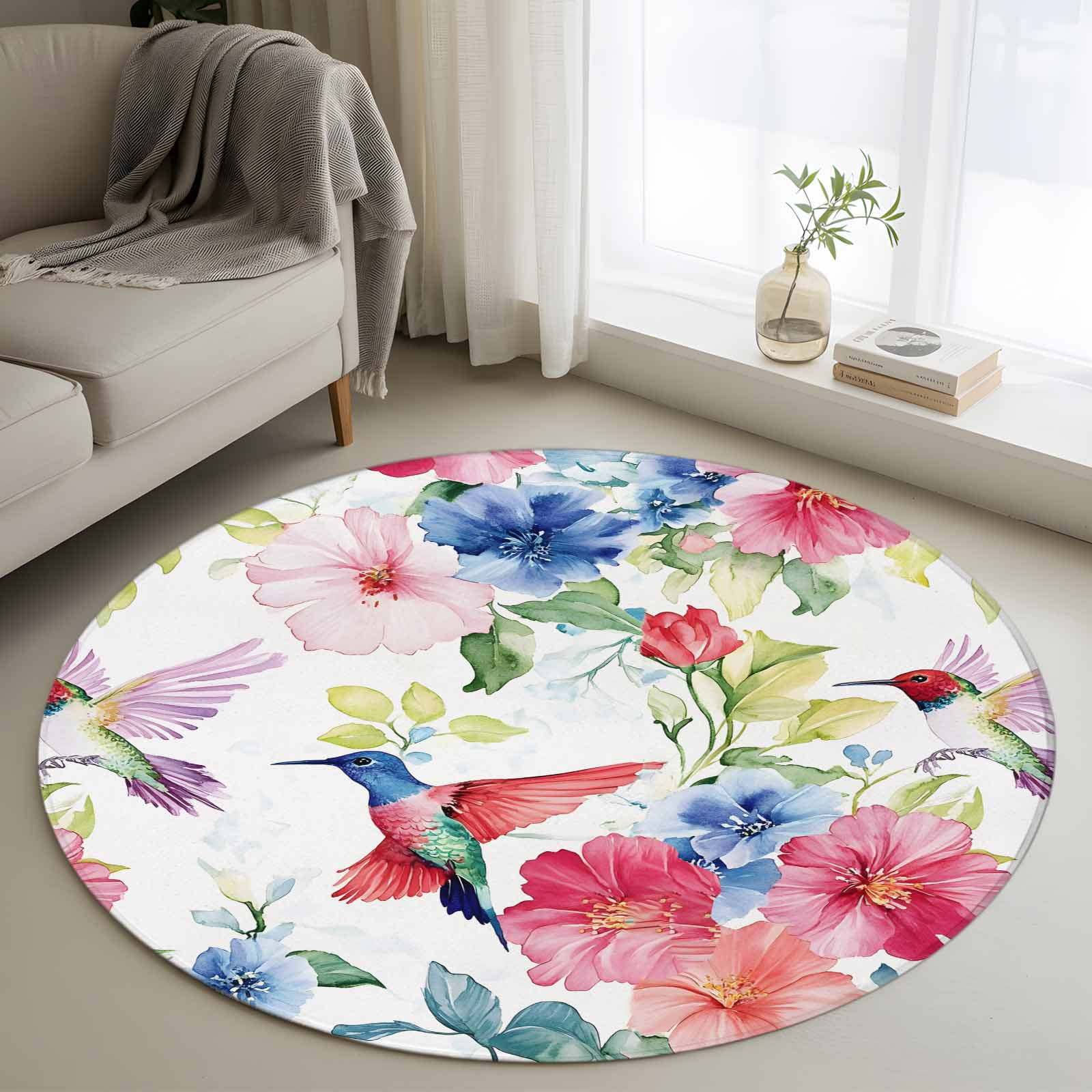 Blooming Pink Floral Round Rug 4ft Washable Circle Entryway Rugs Non ...