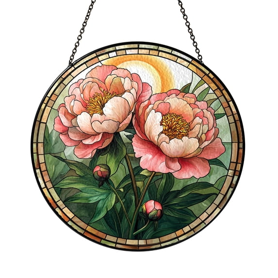 Blooming Pink Peonies in Forest Scene Stained Glass Style Window ...
