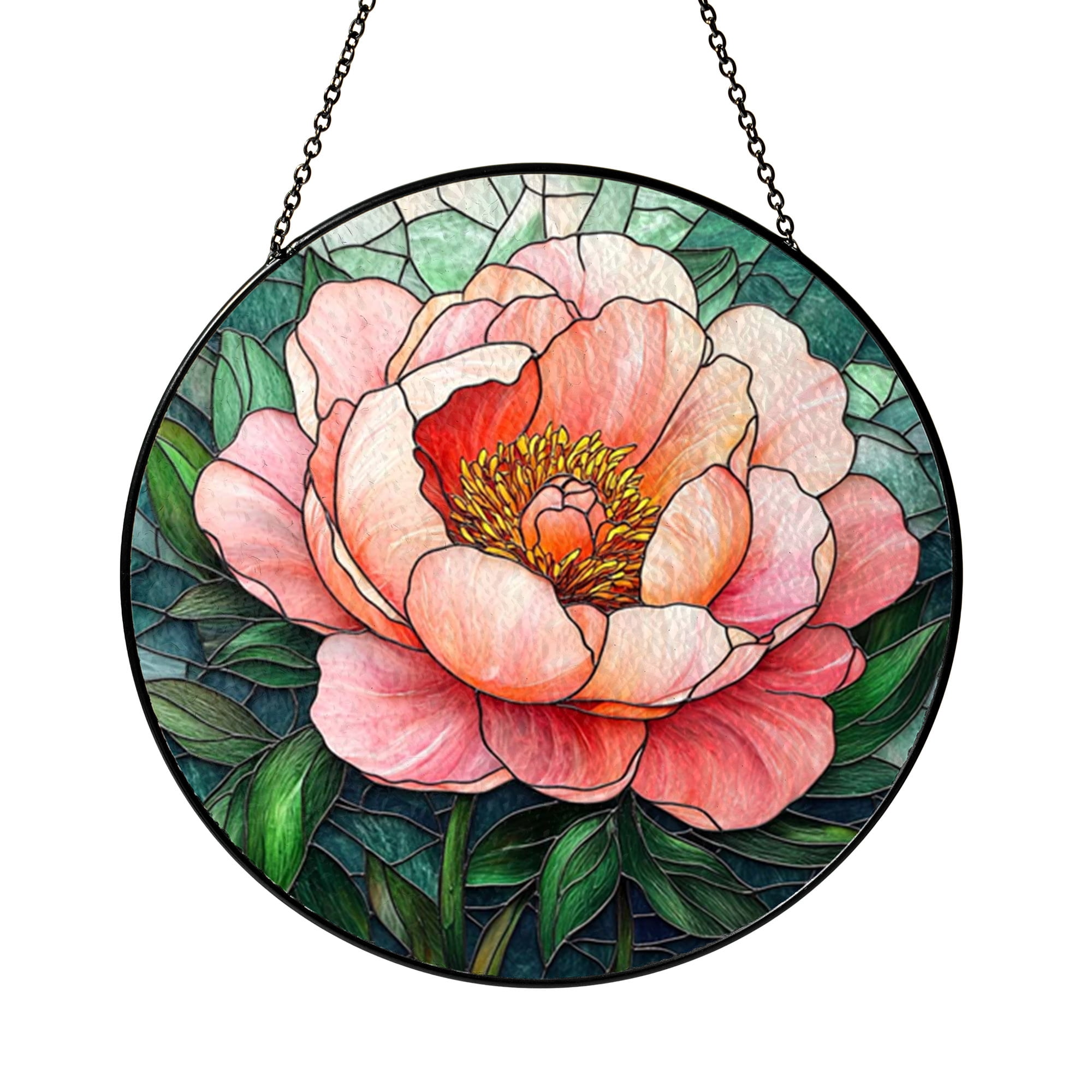 Blooming Pink Peony Glass Suncatcher Hanging Window Elegant Floral Home ...