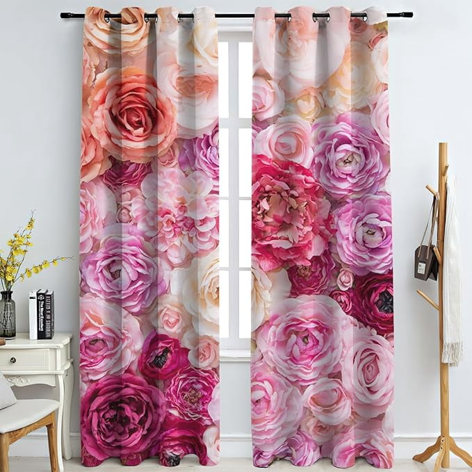 Blooming Plant Flowers Window Treatments, Red and Pink Roses Blackout ...