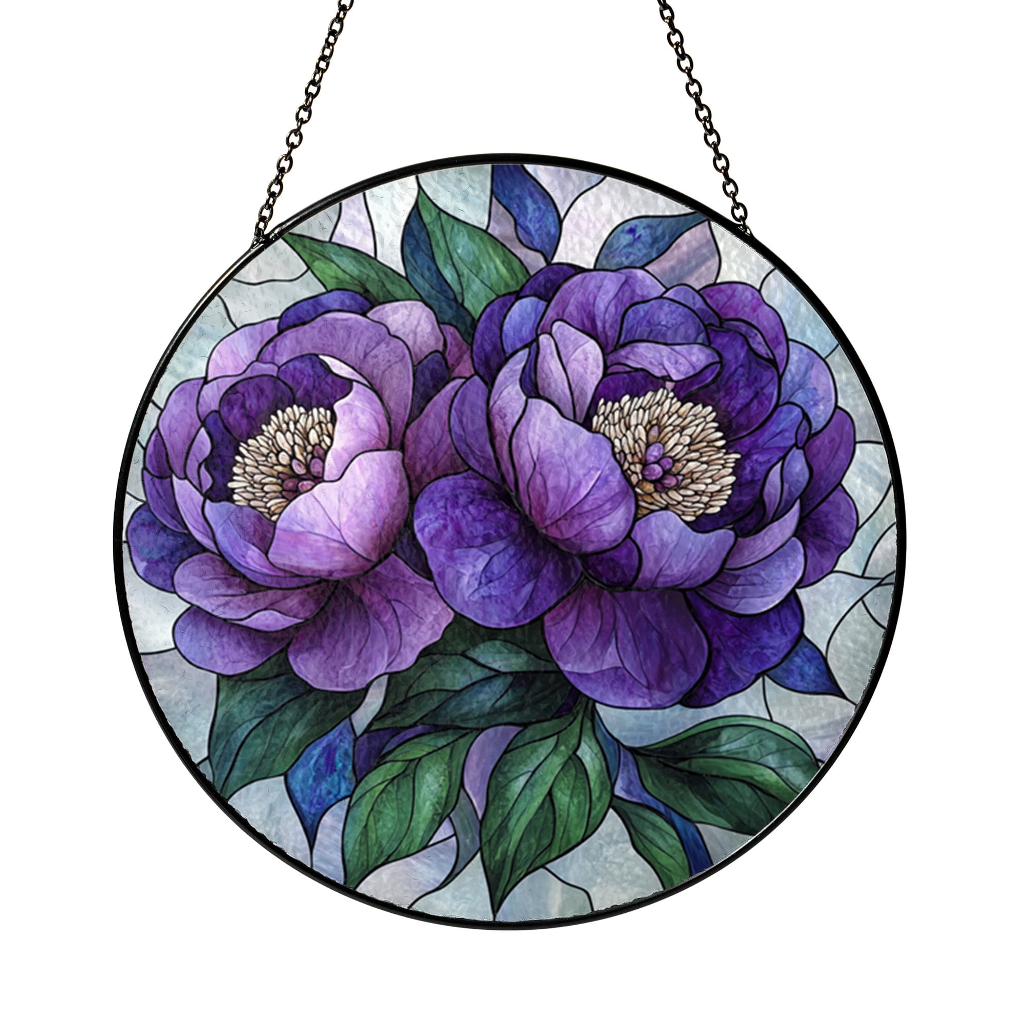 Blooming Purple Peony Stained Glass Round Window Suncatcher, Floral ...