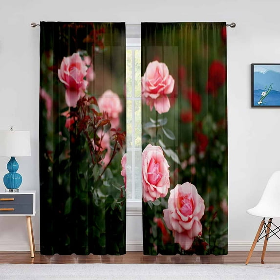 Blooming Red Rose Black Background Sheer Curtains for Living Room ...