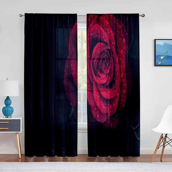 Blooming Red Rose Black Background Sheer Curtains for Living Room ...