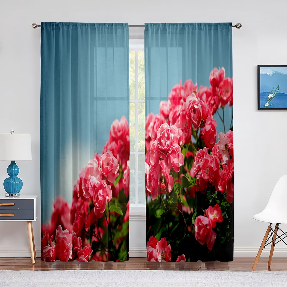 Blooming Red Rose Black Background Sheer Curtains for Living Room ...