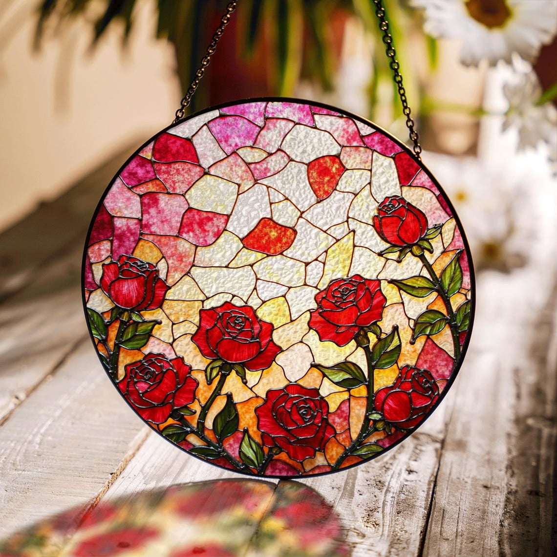 Blooming Red Roses Glass Round Suncatcher, Floral Window Decor, 6.3 in ...
