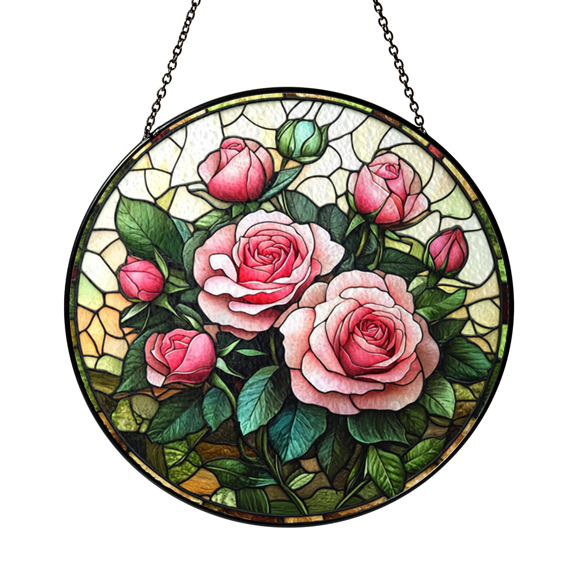 Blooming Rose Garden Stained Glass Round Suncatcher Window Hanging ...