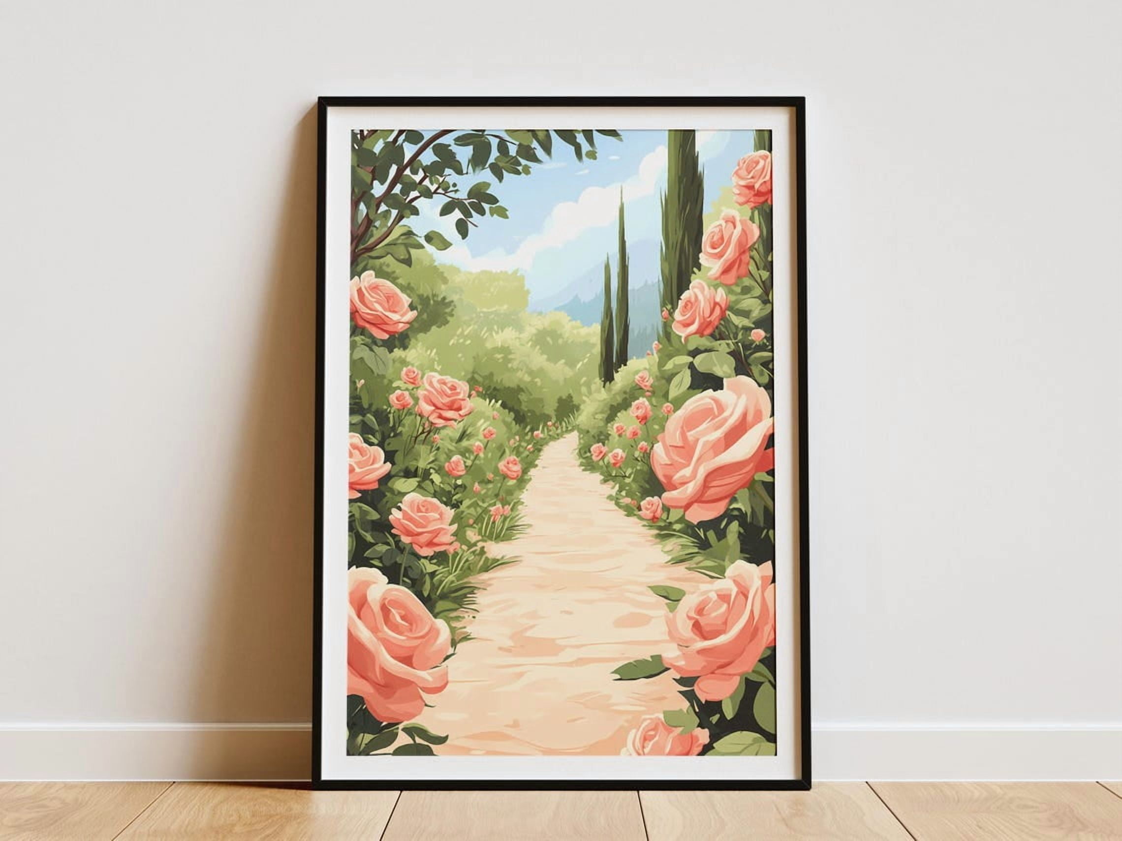 Blooming Roses Garden Path Pink Flowers Nature Botanical Illustration ...