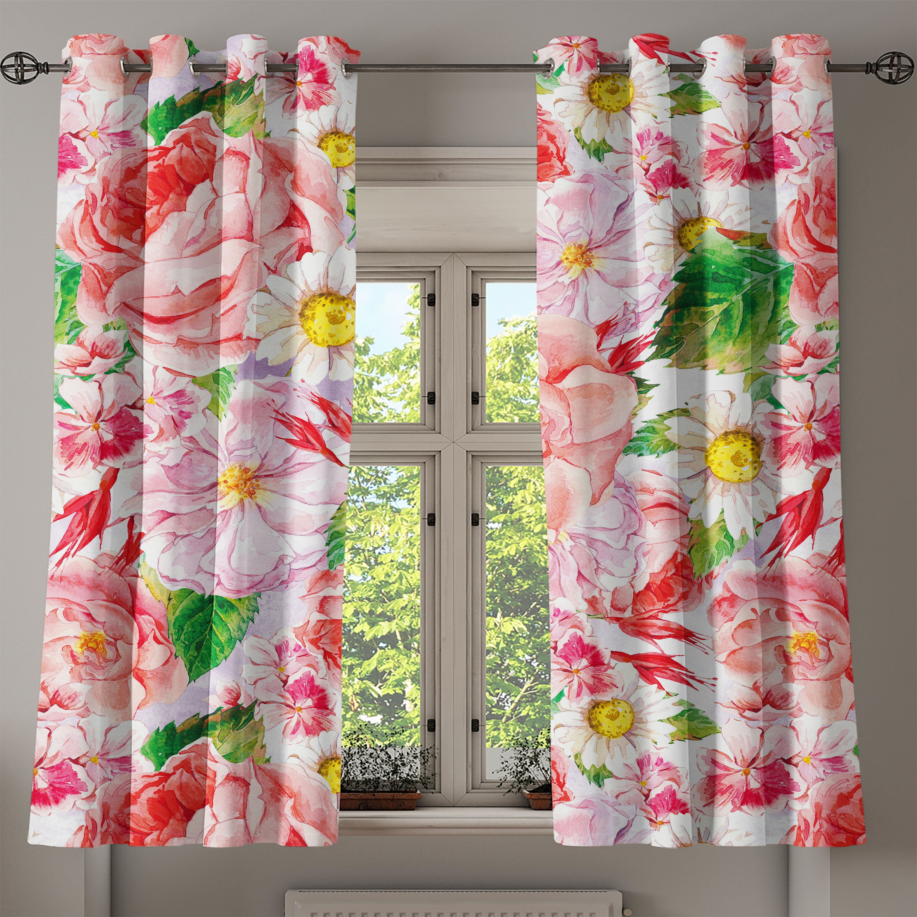 Blooming Roses Grommet Curtain, Warm Colors Daisy and Rose Pattern with ...