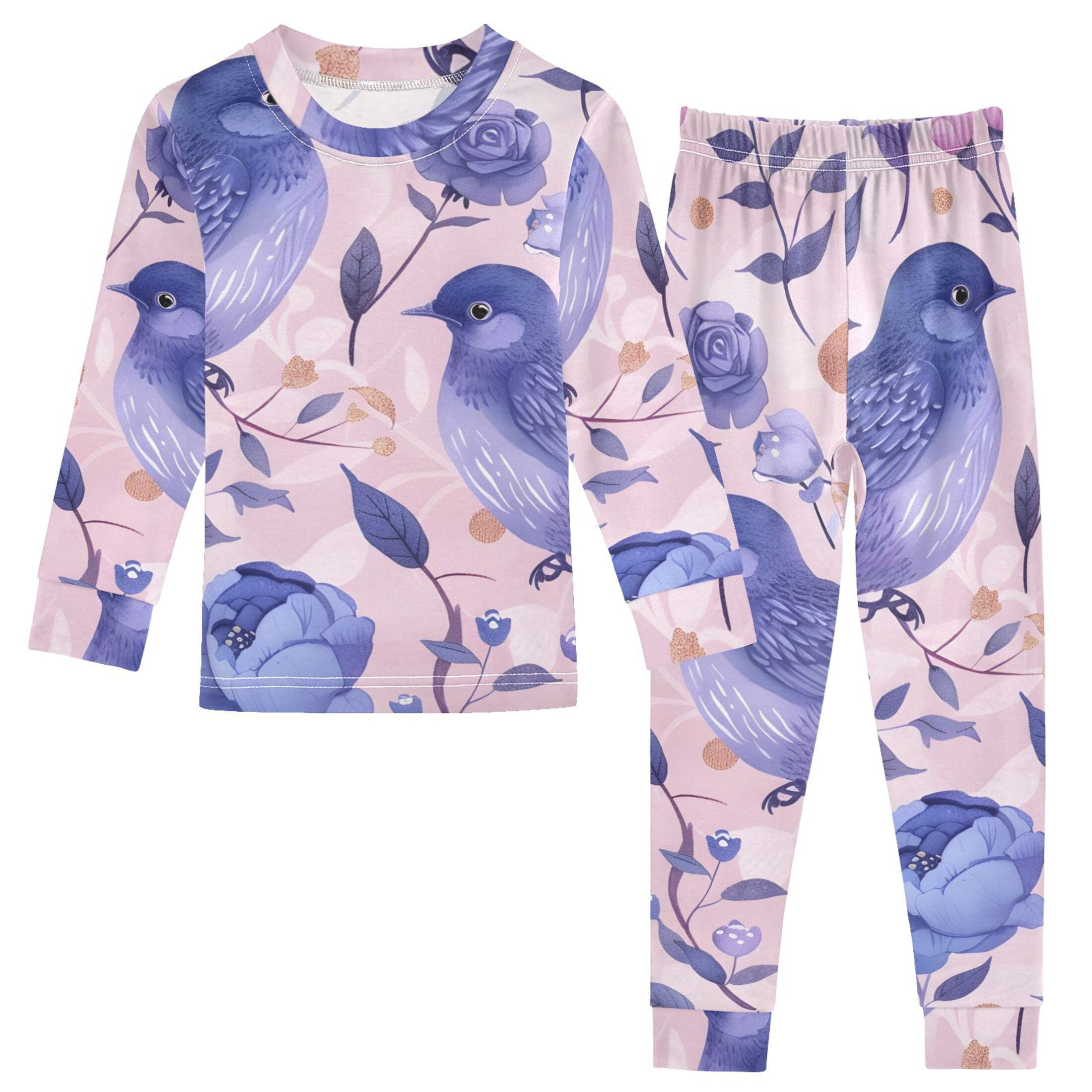 Blooming Roses Leaves and Birds Cotton Pajama Set Long Sleeve Top and ...