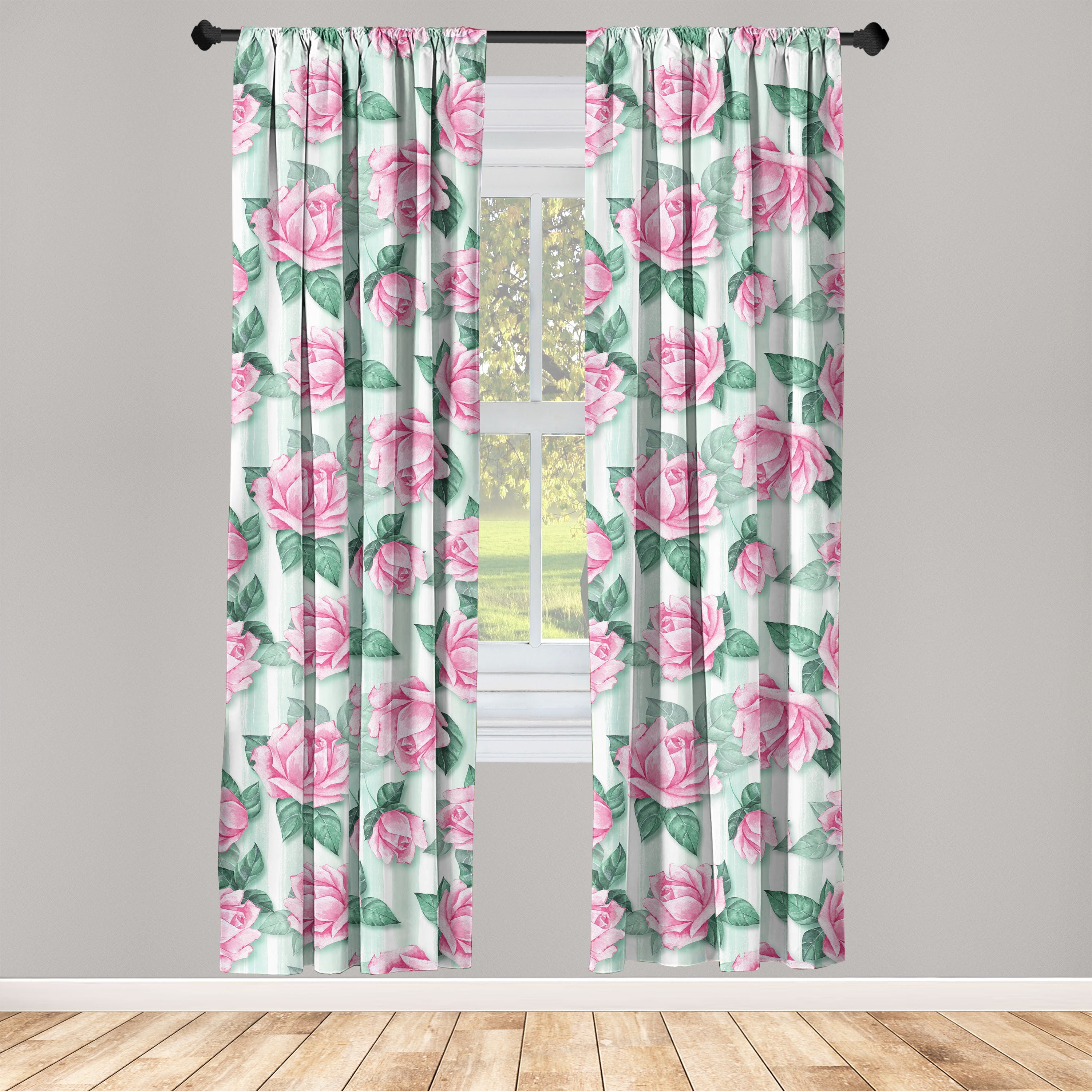 Blooming Roses Window Curtains, Vintage Floral Boho Pattern with ...