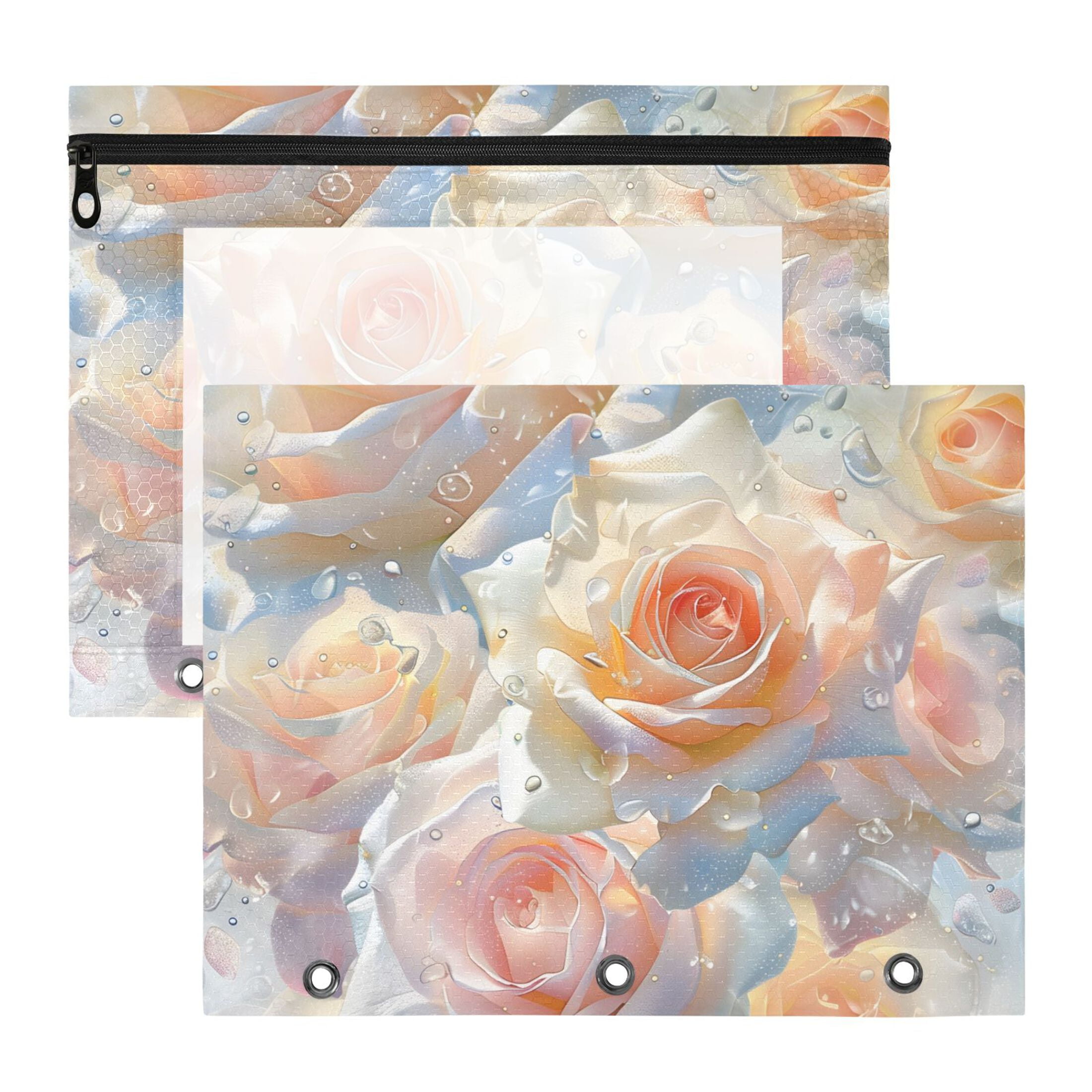 Blooming Roses with Dew 3-Ring Binder Pouches A4 Size Zipper Pocket File Storage 2 Packs ...