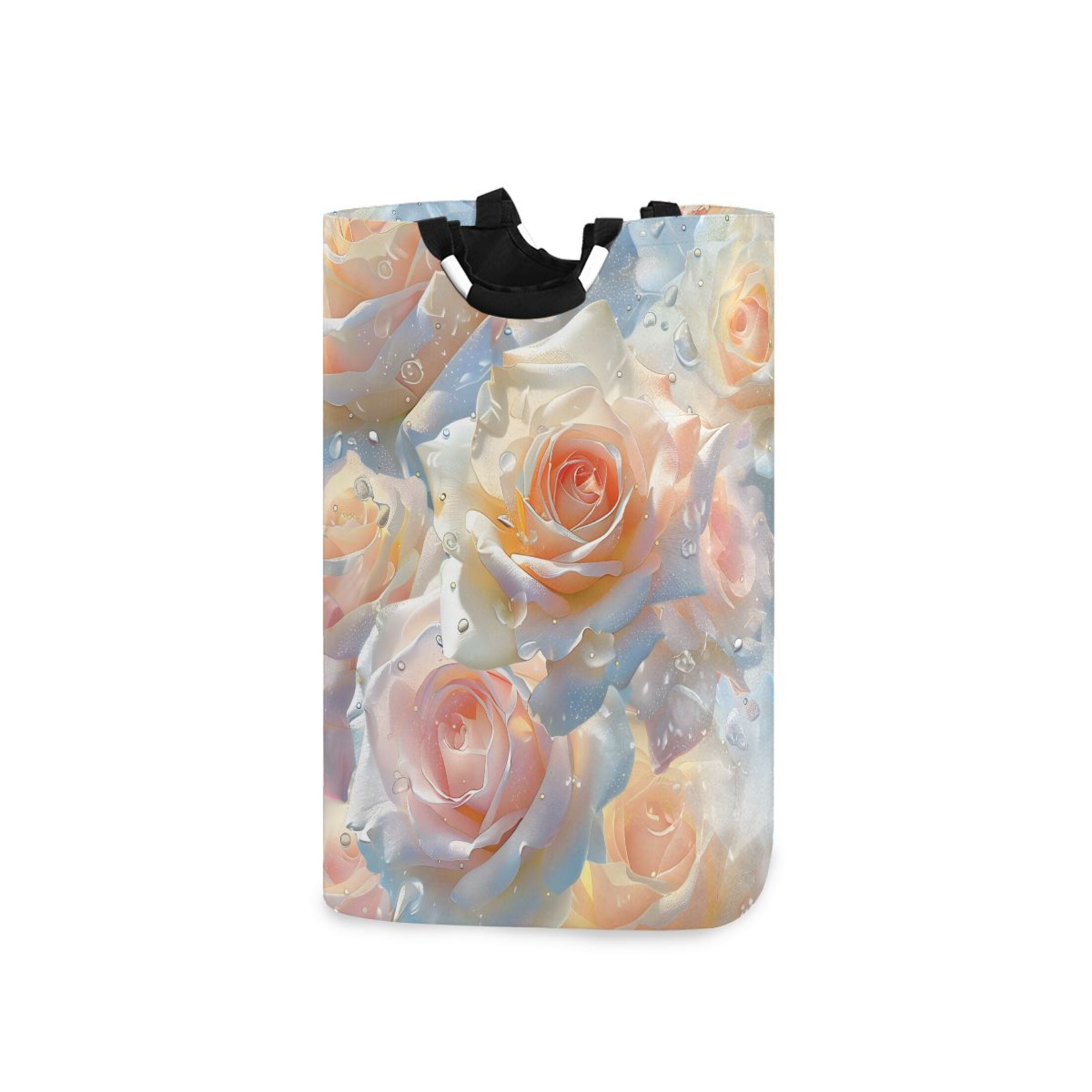Blooming Roses with Dew Laundry Basket with Handles Foldable Laundry ...