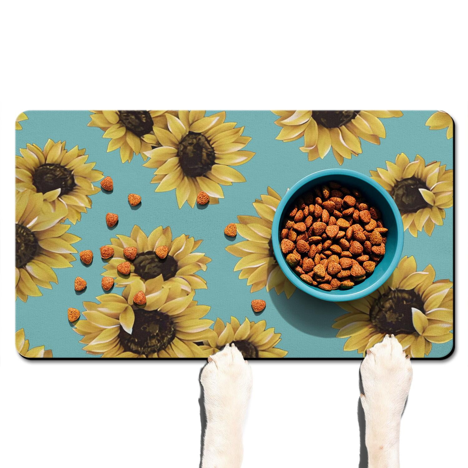 Blooming Sunflower Dog Feeding Mat - 17"x30" Spill-Containment Edges & Quick-Dry Core for Multi ...