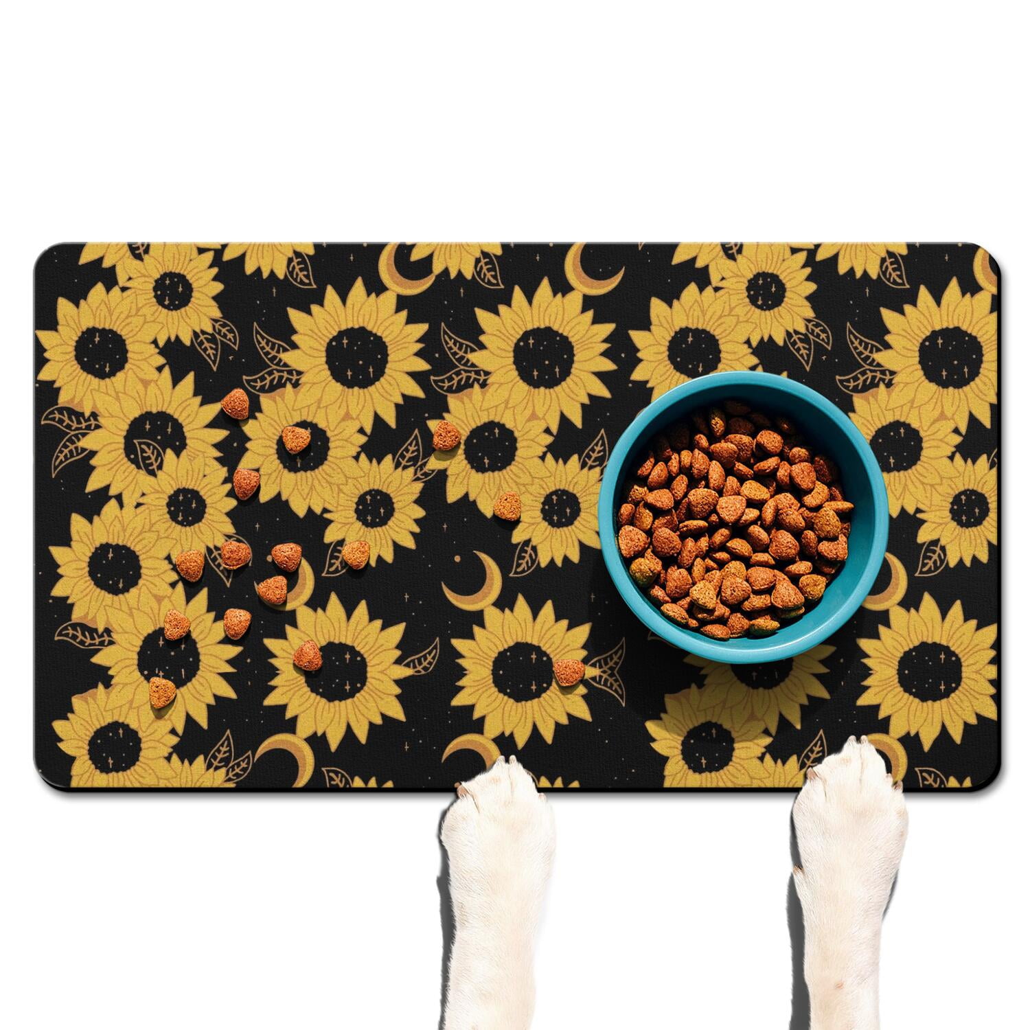 Blooming Sunflower Dog Feeding Mat - 17"x30" Spill-Containment Edges & Quick-Dry Core for Multi ...