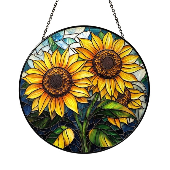 Blooming Sunflower Trio Stained Glass Suncatcher, Round Decorative ...