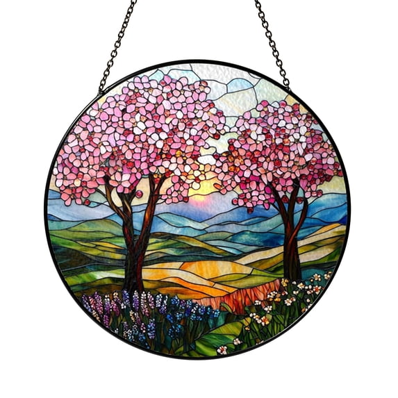 Blooming Tree Meadow View Stained Glass Style Window Suncatcher Decor ...