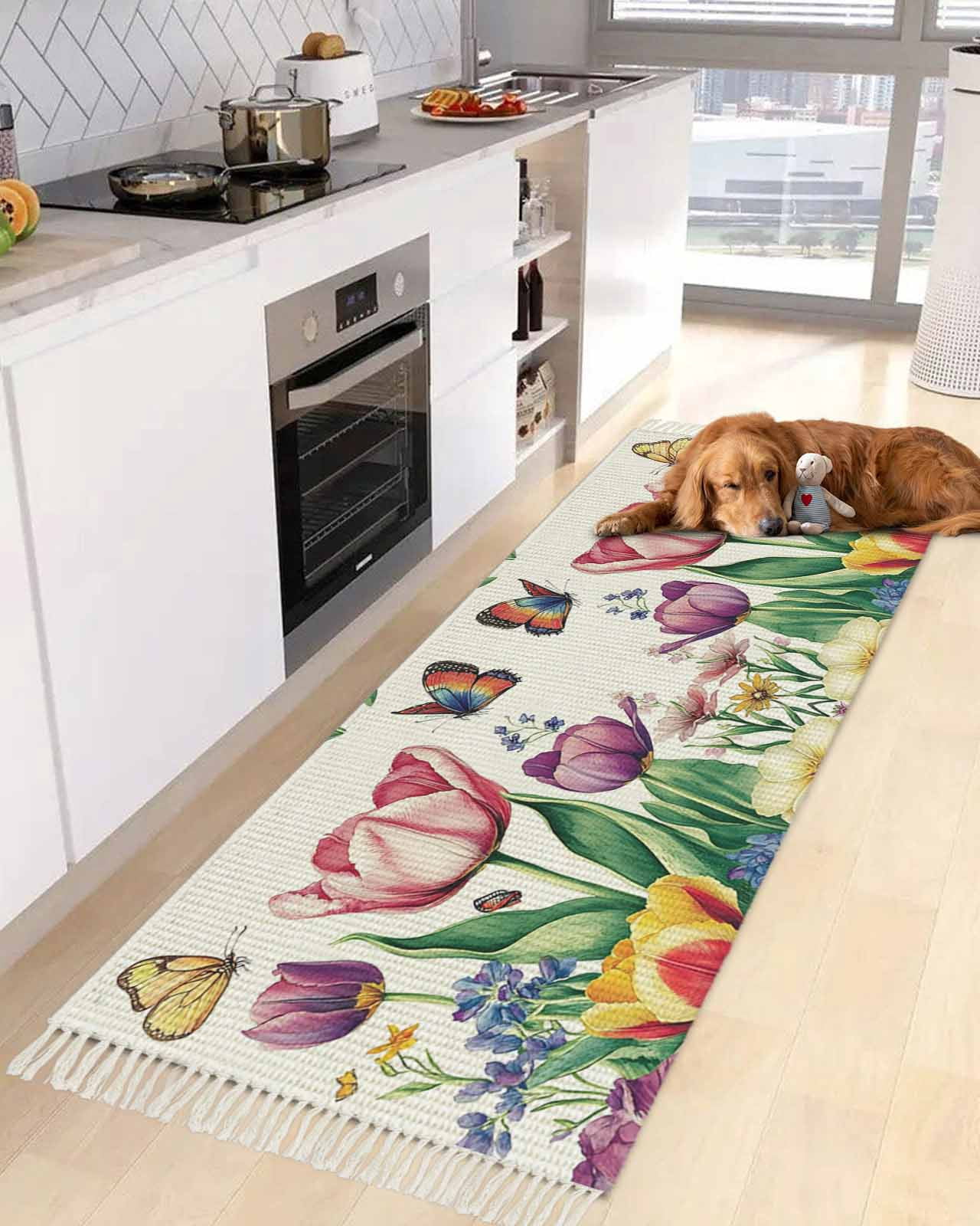 Blooming Tulips Butterfly Runner Rug for Hallway 2x5ft, Spring Flower ...