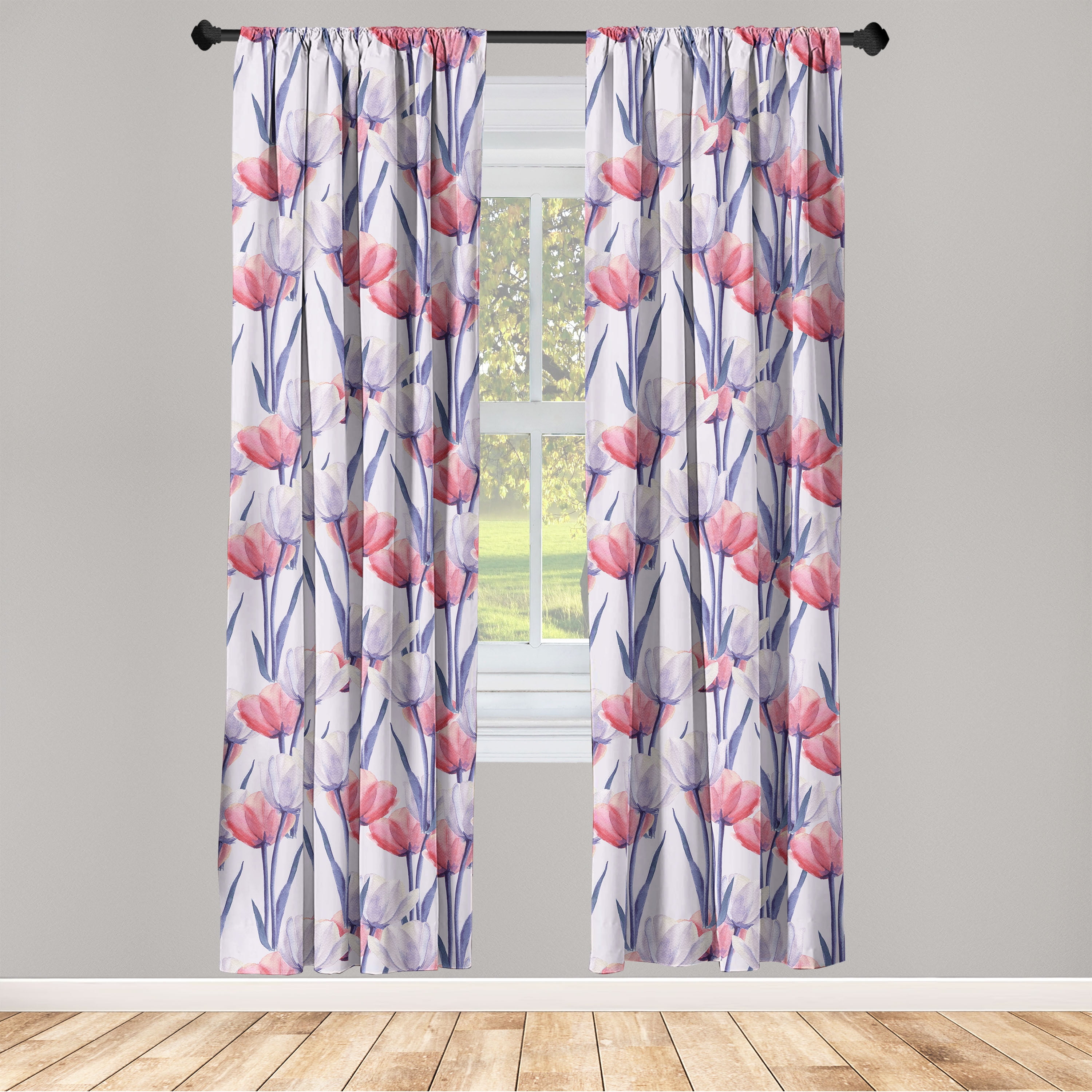 Blooming Tulips Window Curtains, Watercolor Design Floral Pattern with ...