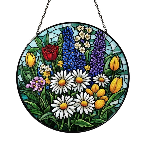Blooming Wildflower Field Stained Glass Style Window Art, Cheerful ...