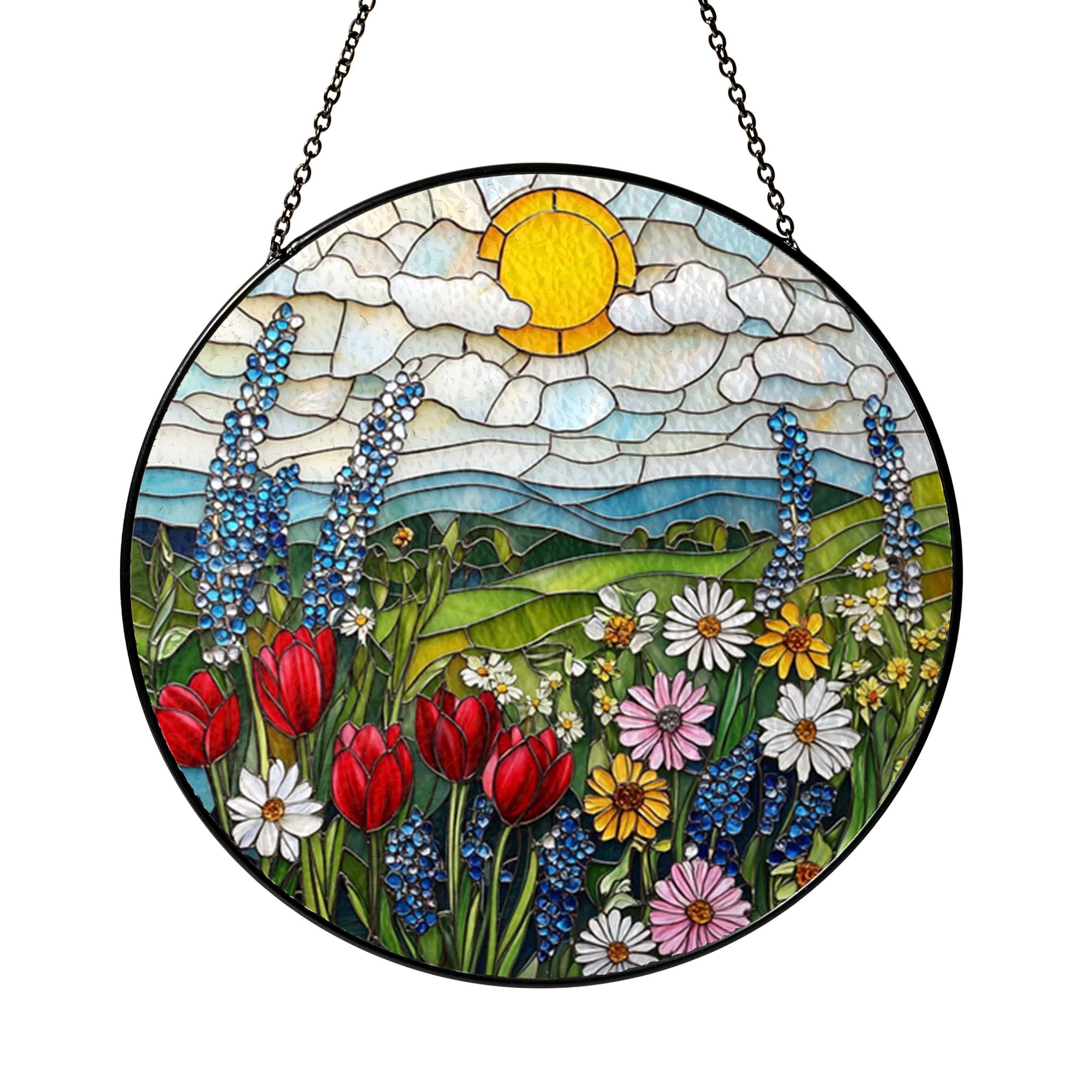 Blooming Wildflower Meadow Scene Stained Glass Style Round Window ...