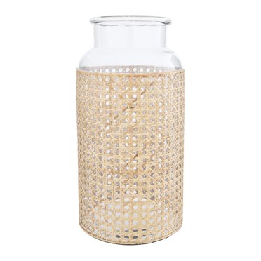 6" Green Translucent Glass Indoor Tabletop Vase with Natural Rattan ...