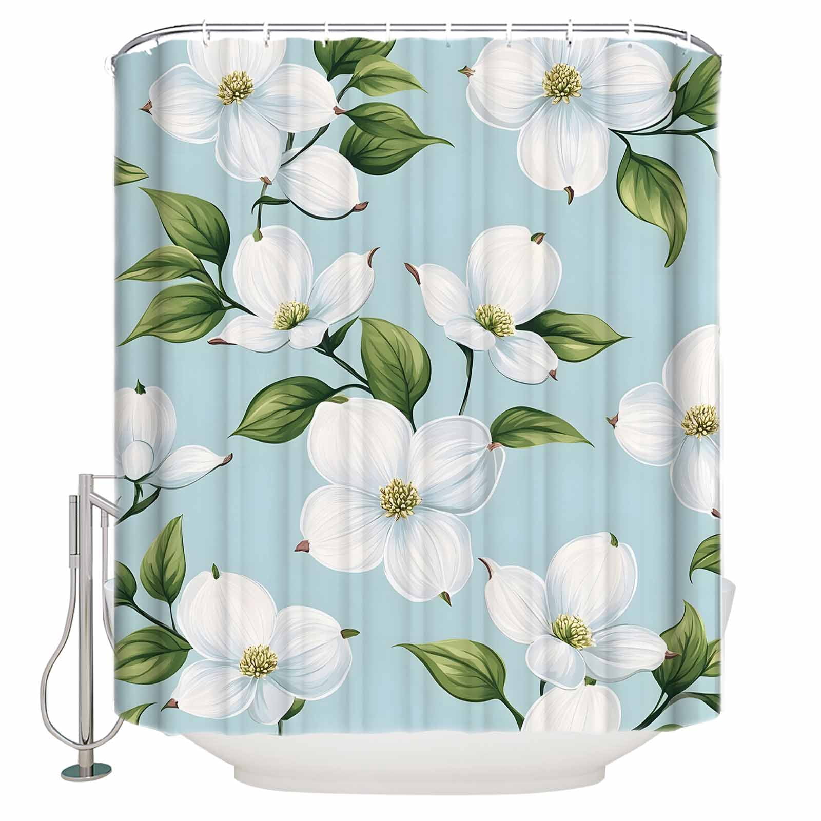 Blooms White Floral Bathroom Shower Curtains with 12 Hooks Polyester ...