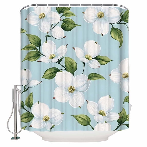 Blooms White Floral Bathroom Shower Curtains with 12 Hooks Polyester ...