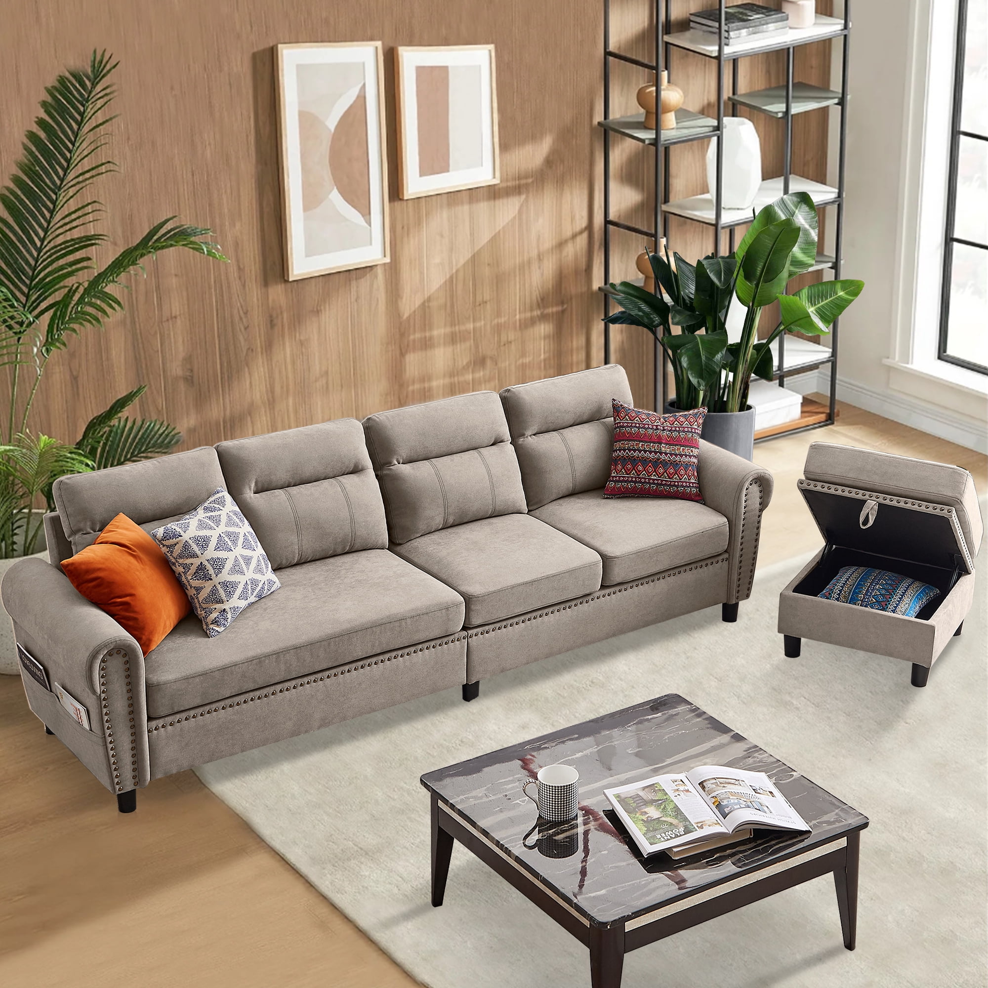 Soscana Sectional Sofa with Convertible Chaise Storage Ottoman Side Pockets Modern 4 Seater L shaped Sofa Couch with Reversible Footstool for Living Room Apartment Office Home Tool Free Assembly Walma...