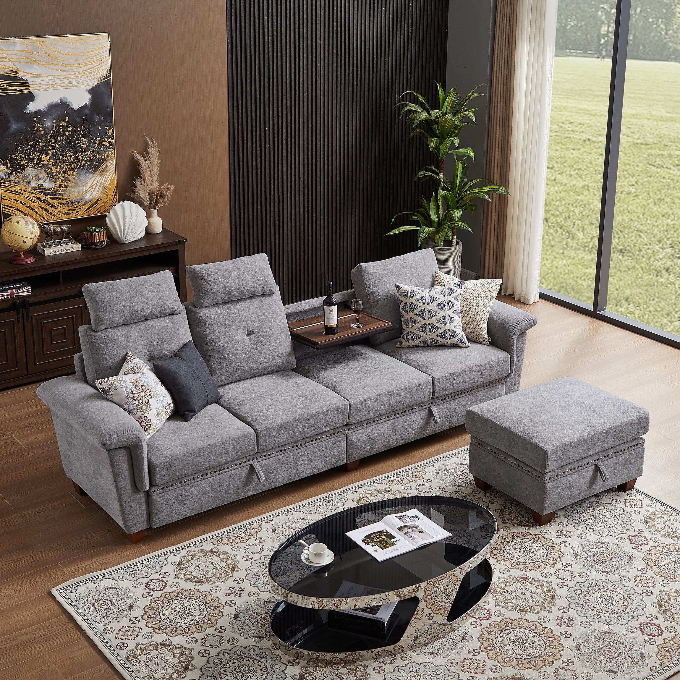 Soscana Convertible Sectional Sofa with Storage Cup Holder 4-seat L ...