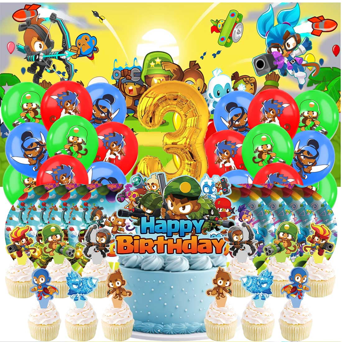 Bloons TD Tower Defense Balloons Party Supplies 3rd Decor Tableware Birthday Cake Topper ...