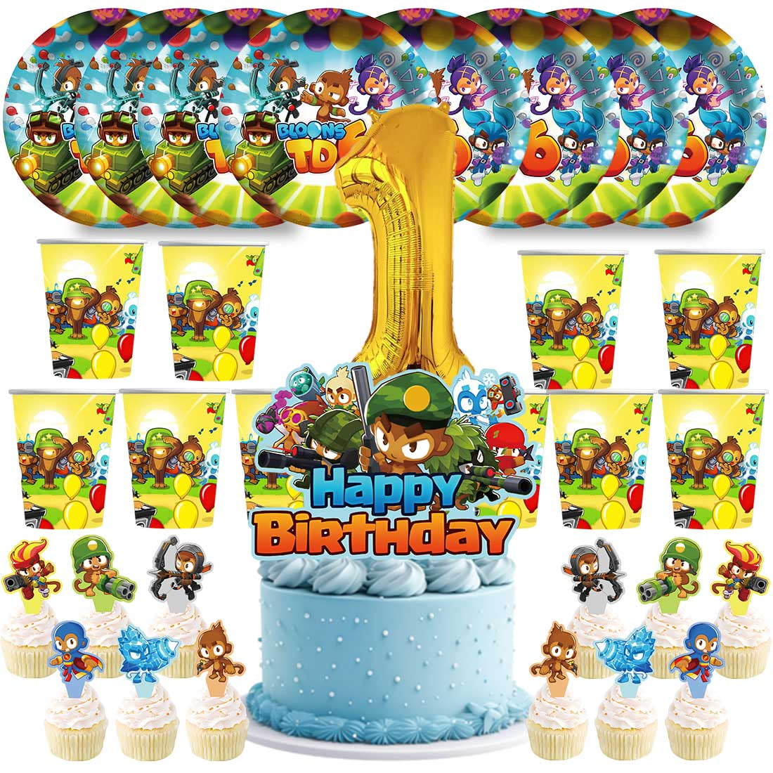 Bloons TD Tower Defense Birthday 1st Cups Party Supplies Plates Fans ...