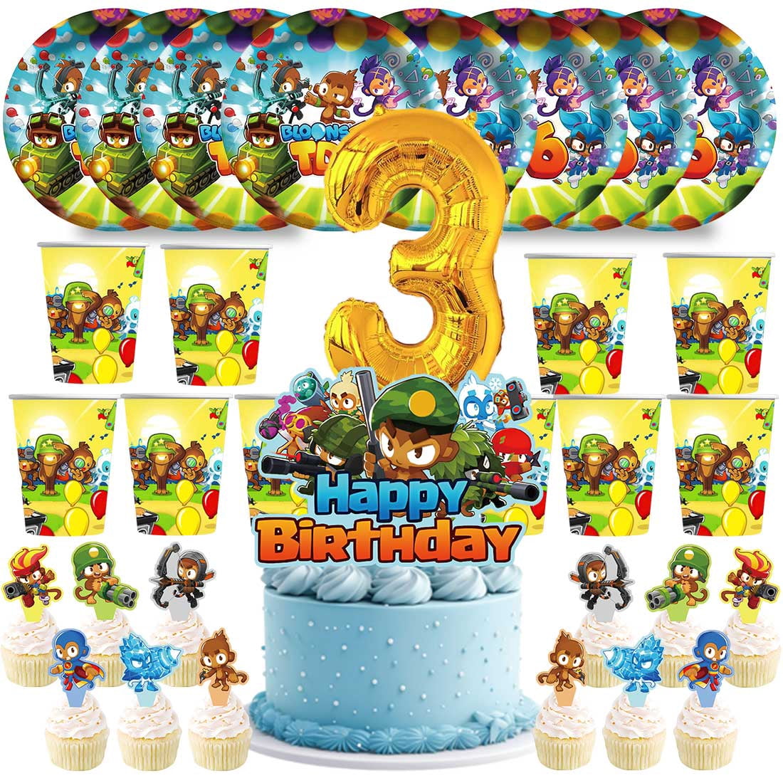 Bloons TD Tower Defense Birthday 3rd Cups Party Supplies Plates Fans ...