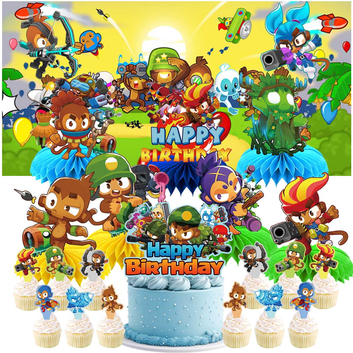 Bloons TD Tower Defense Honeycomb Centerpieces Table Toppers Backdrop ...