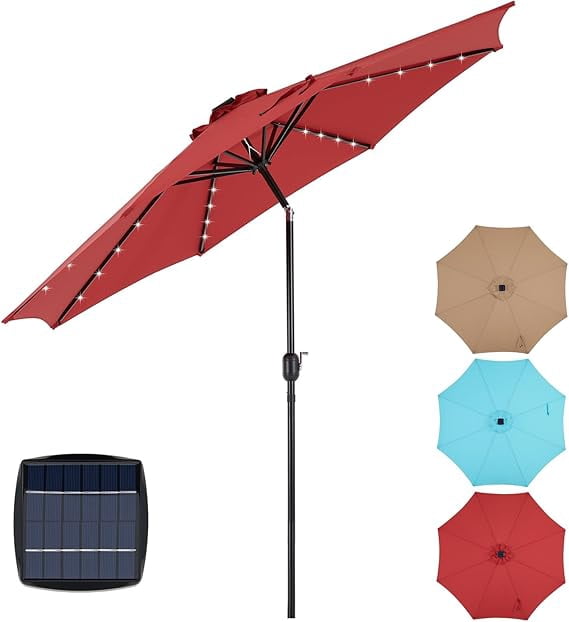 Blorly 10FT Solar Patio Umbrella with 32 LED Lights, Outdoor Umbrellas ...