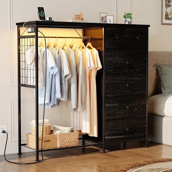 Blorly 6-Drawer Dresser with Clothes Rack & Charging Station, Garment ...
