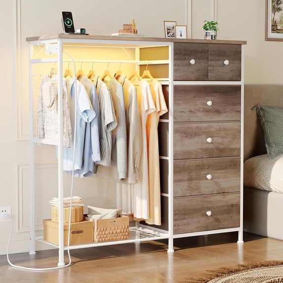 Blorly 6-Drawer Dresser with Clothes Rack & Charging Station, Garment ...