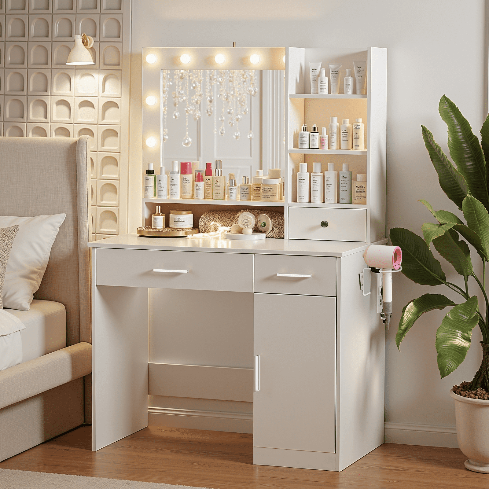 Blorly White Vanity Desk with Mirror, Makeup Vanity Table with LED ...