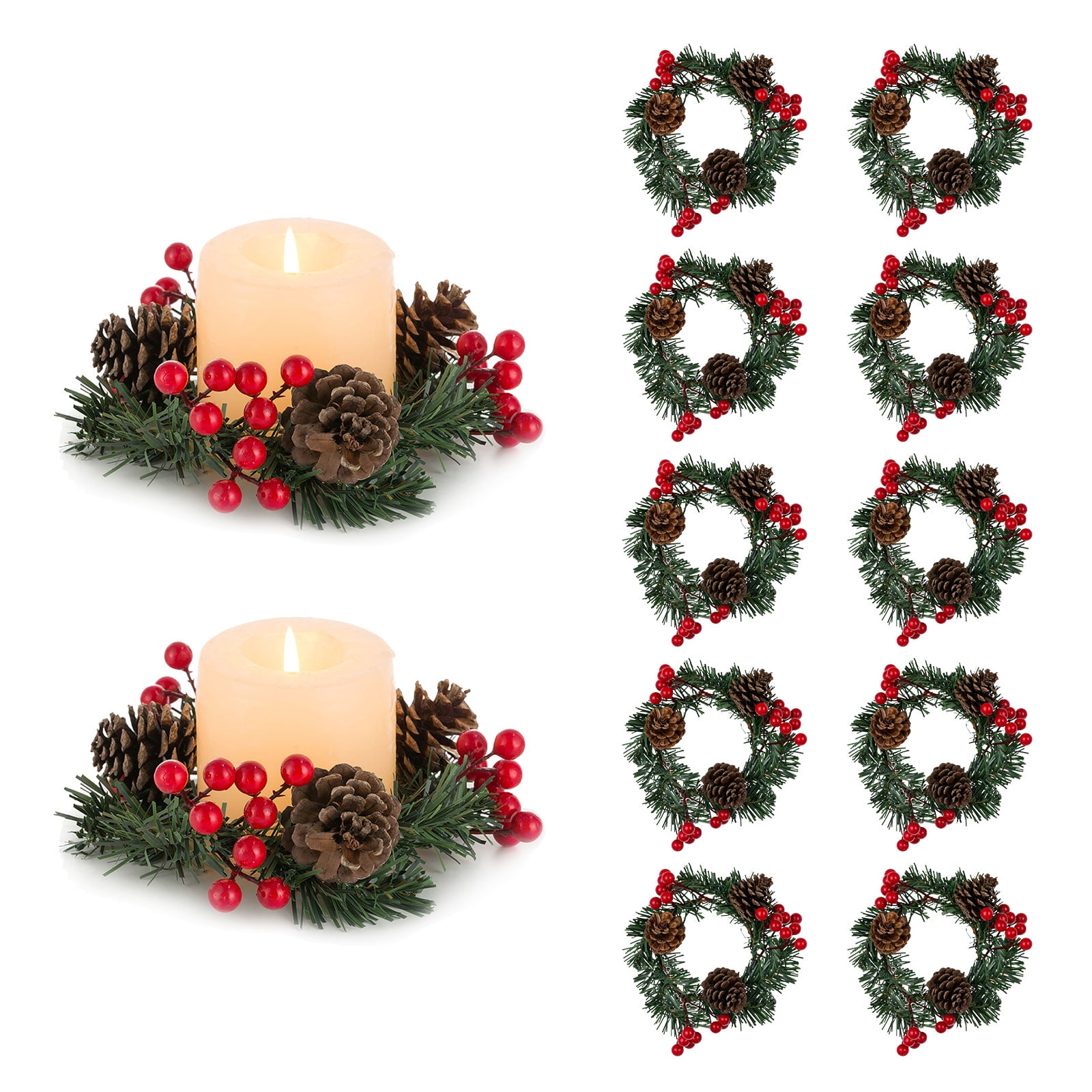 Blosmon 12 Pcs Mini Cedar Berry Christmas Wreath Candle Holders, Xmas ...