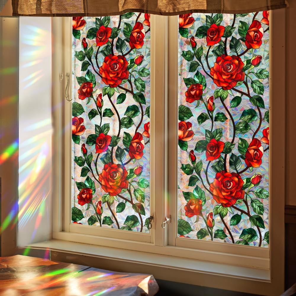Bloss 3D Rose Stained Glass Windows Film Valentines Floral Rainbow ...