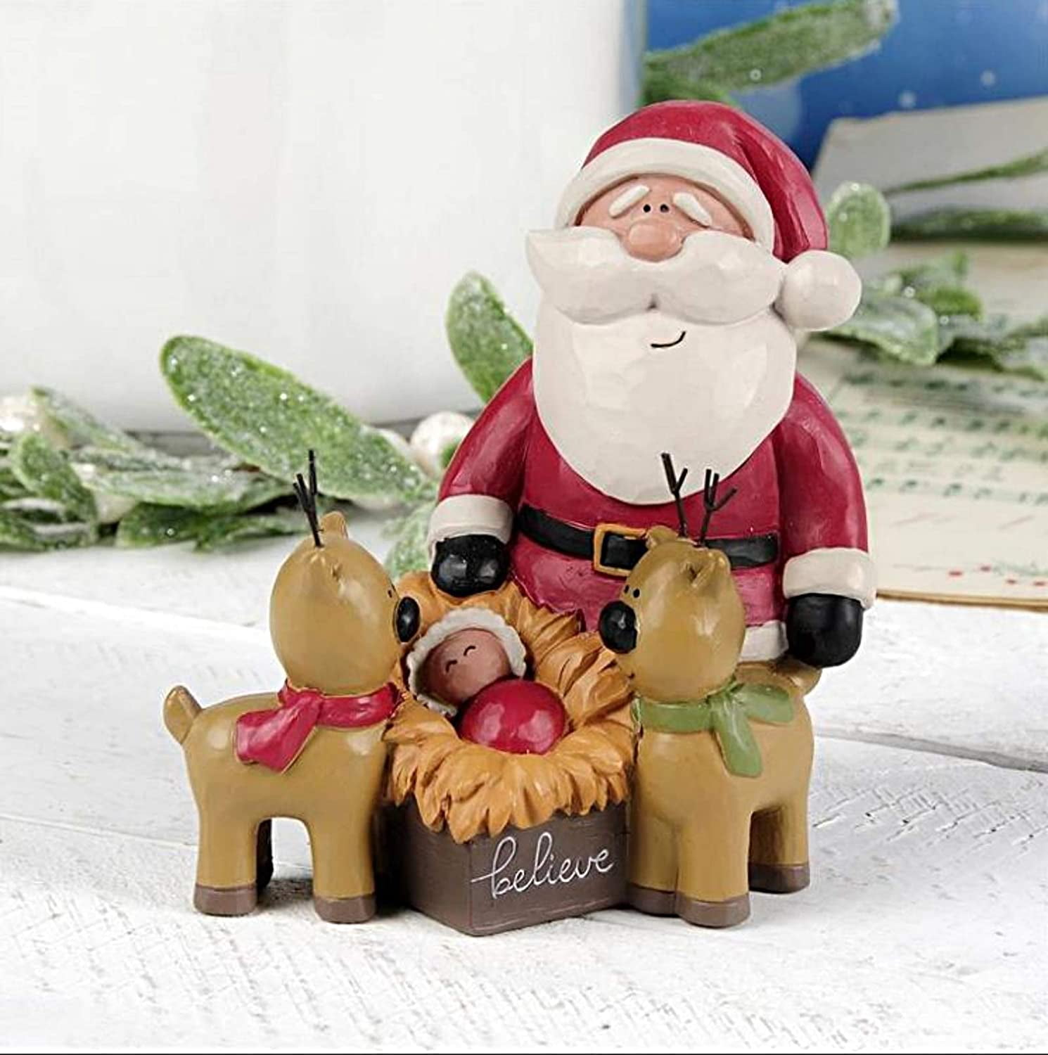 Blossom Bucket Small Santa Claus Figurine with Baby Jesus and Reindeer ...